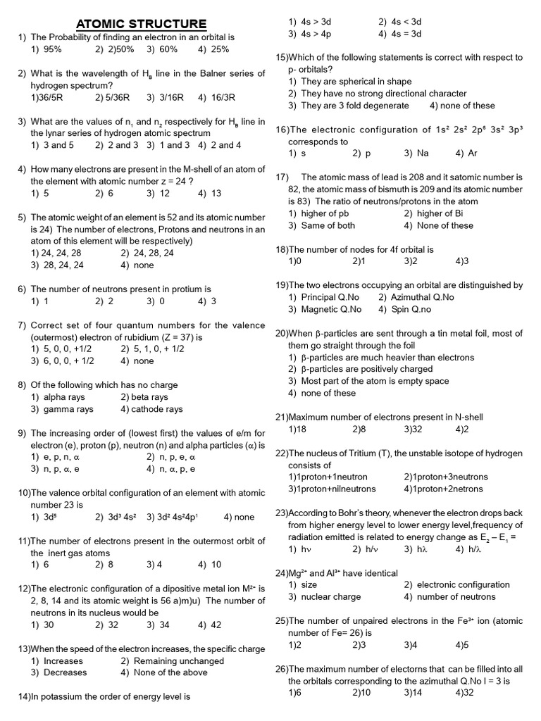 Atomic Structure Quiz Questions | PDF | Electron Configuration | Atoms