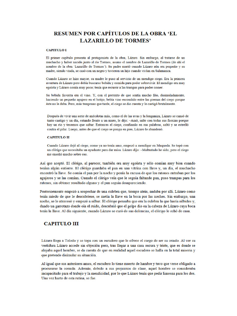 Resumen Lazarillo de Tormes Por Capitulos | PDF
