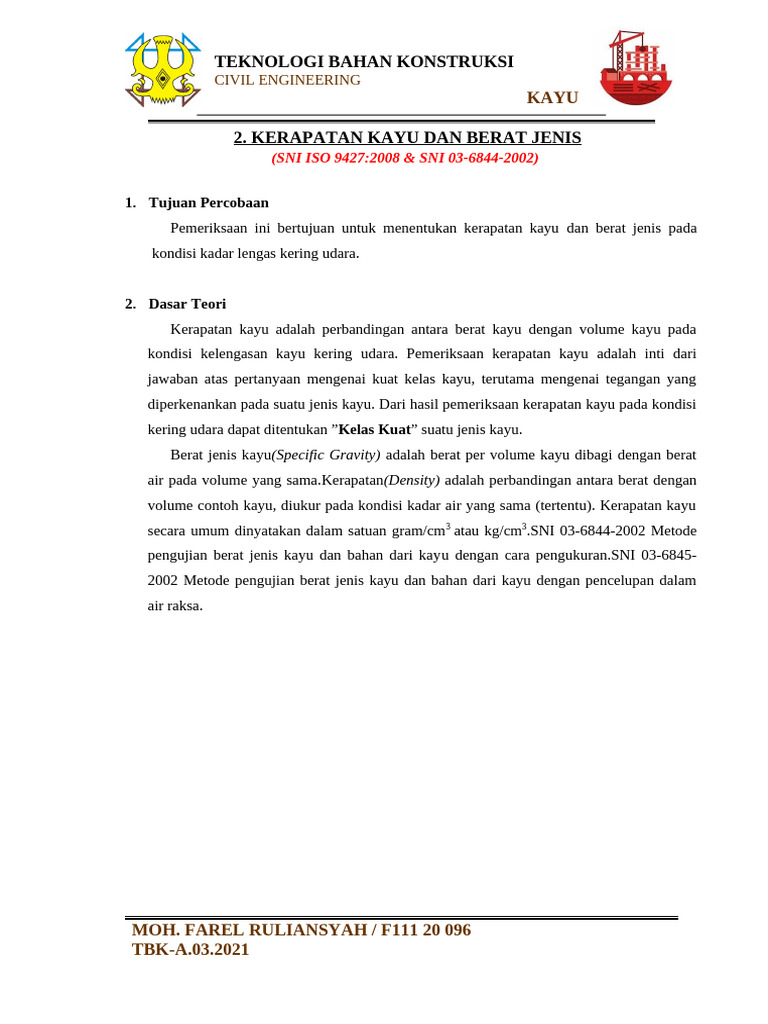Kerapatan dan Berat Jenis Kayu SNI | PDF