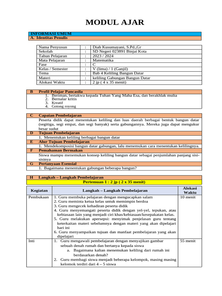 Modul Ajar Matematika - Menentukan Keliling Gabungan Bangun Datar - Fase C | PDF