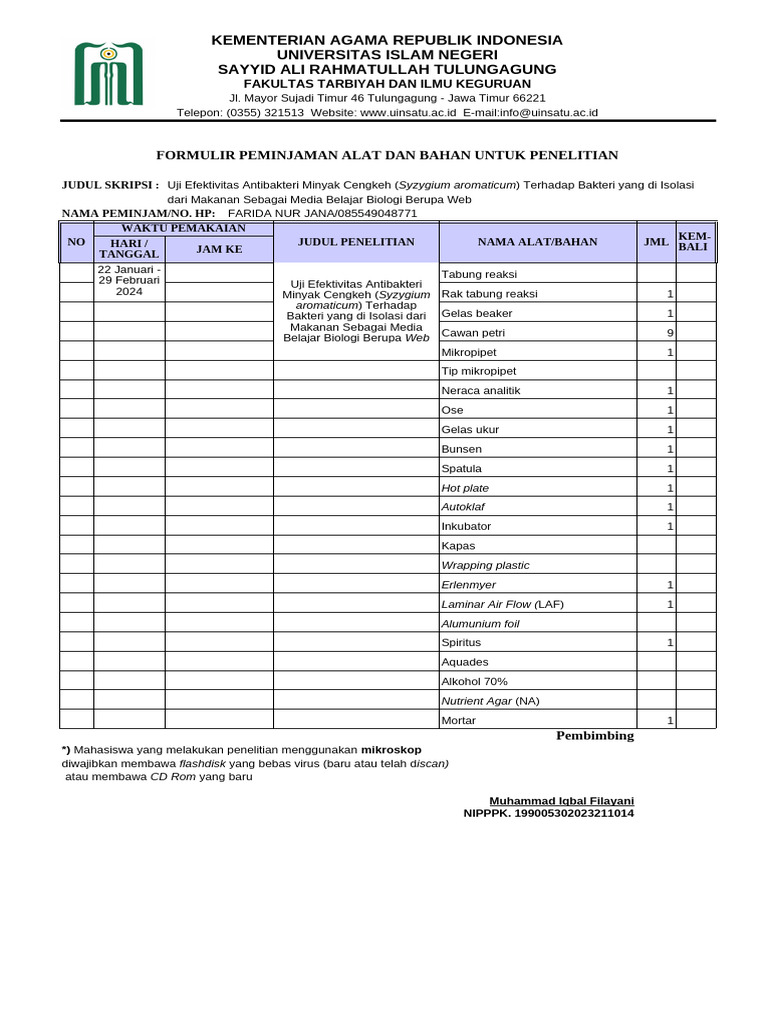 Peminjaman Alat Penelitian Biologi UIN | PDF