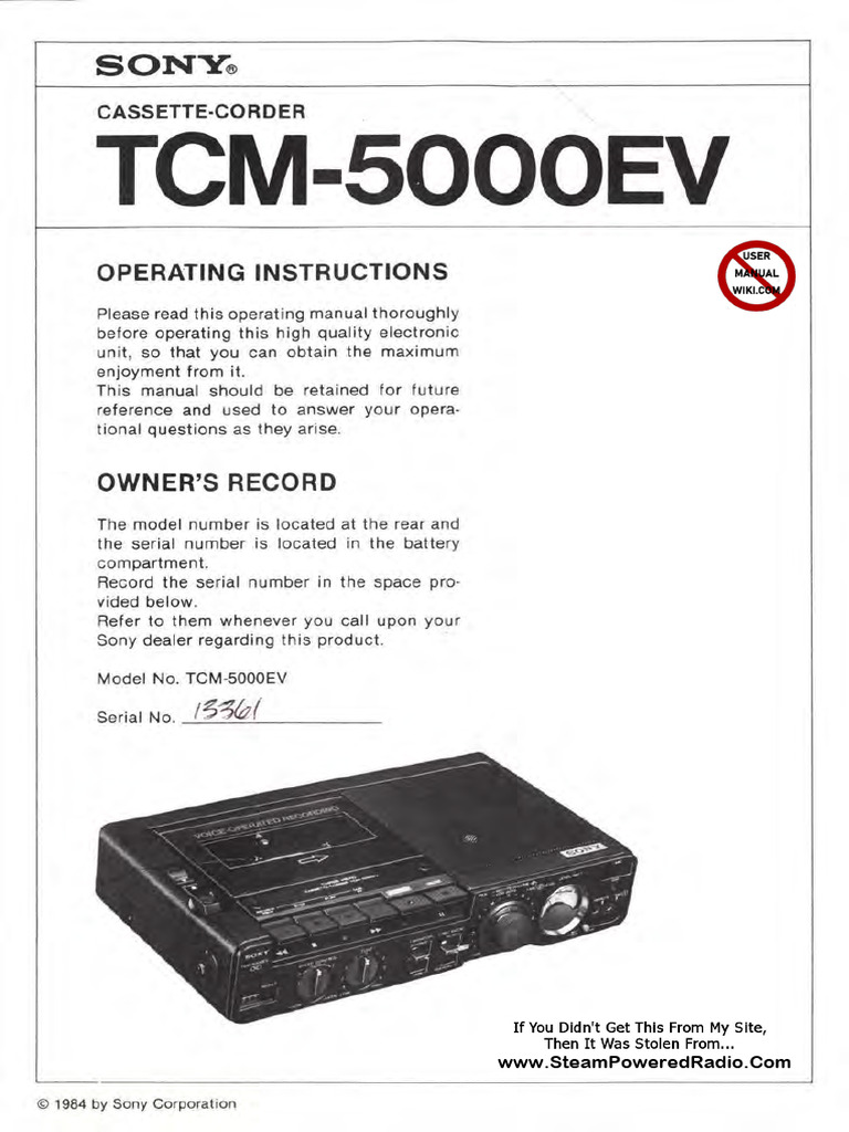 Sony TCM-5000EV Operating Instructions | PDF | Sound Recording And ...