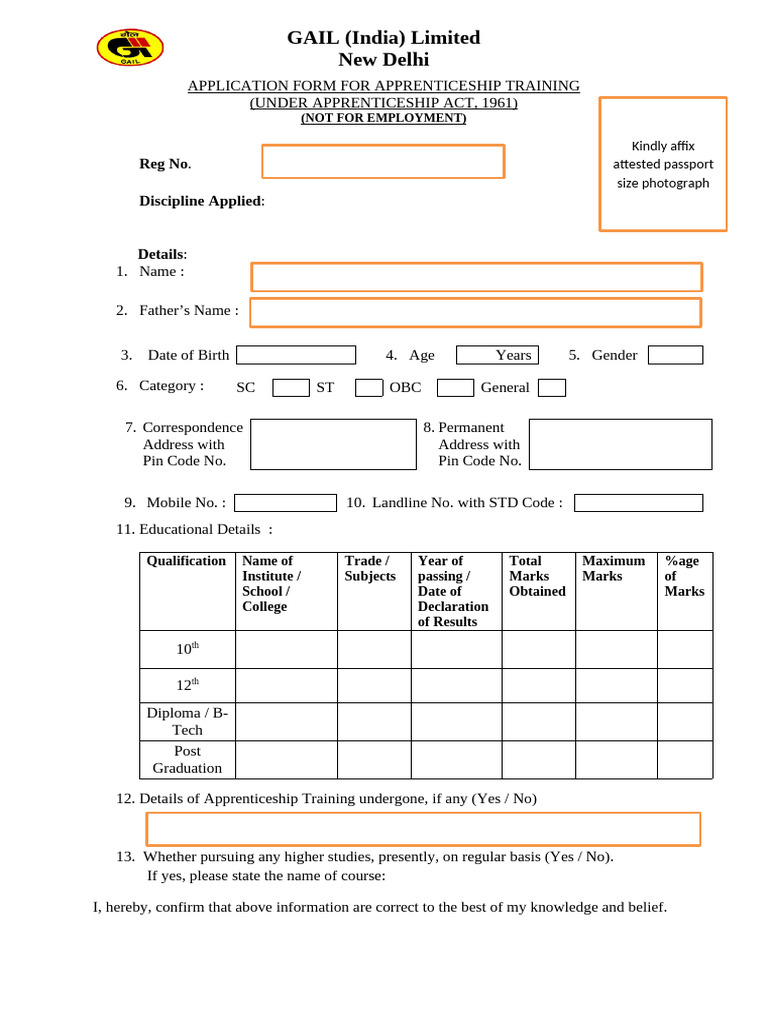 GAIL India Apprenticeship Application Form | PDF