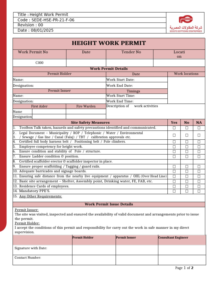 Height Work Permit Template | PDF | Safety