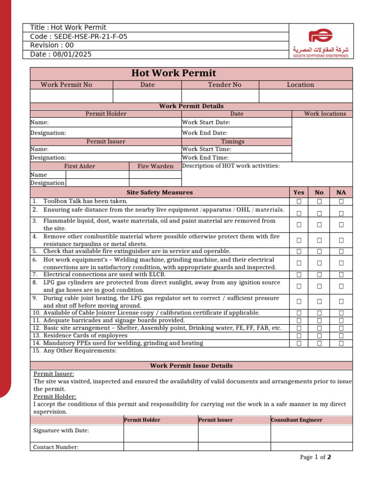 Hot Work Permit Template HSE | PDF