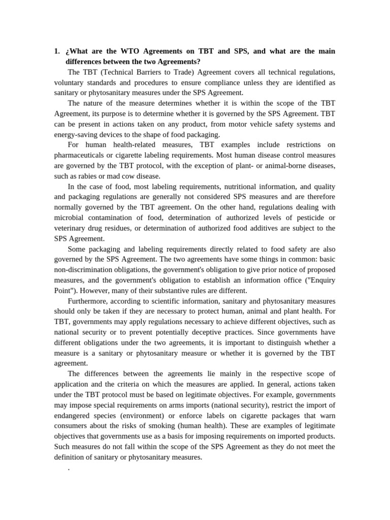 Differences Between TBT and SPS Agreements | PDF