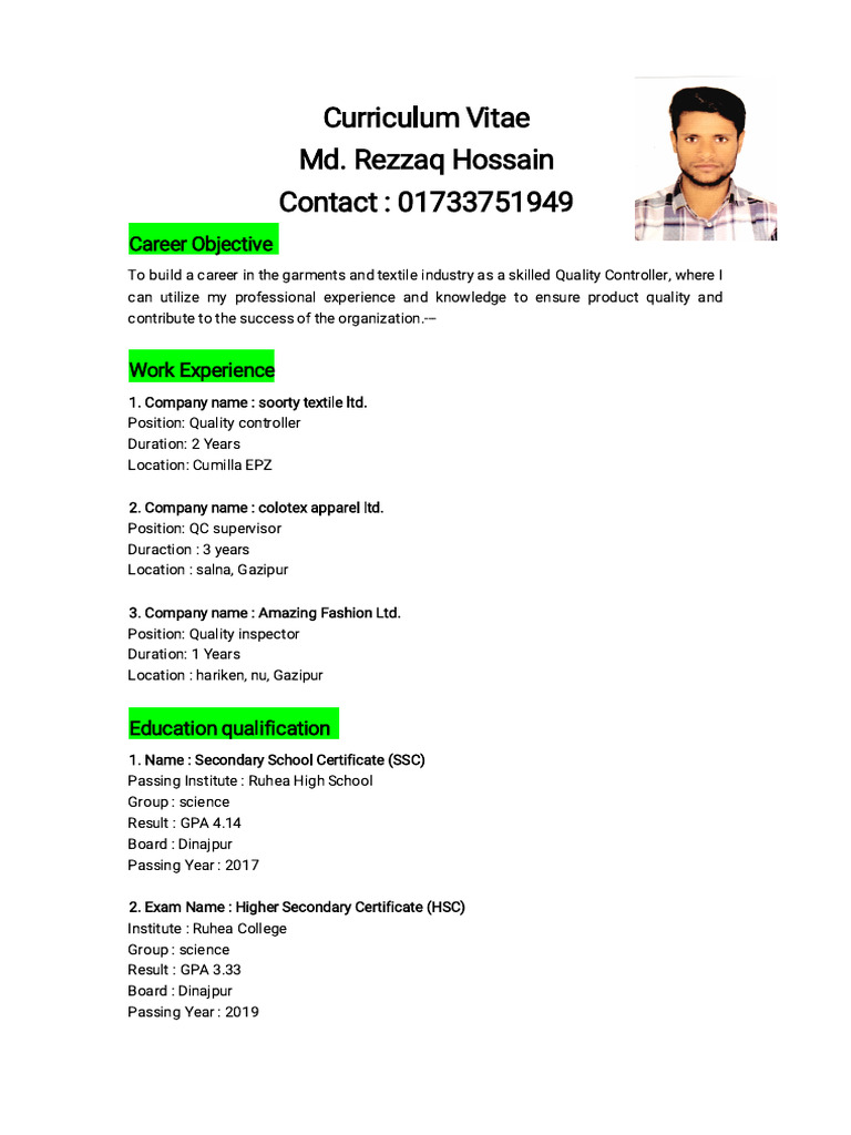 Curriculum Vitae Md. Rezzaq Hossain Contact: 01733751949: Career Objective | PDF