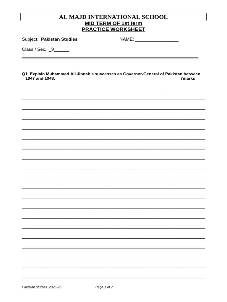 Pakistan Studies Worksheet for Class 9 | PDF | Politics Of Pakistan ...