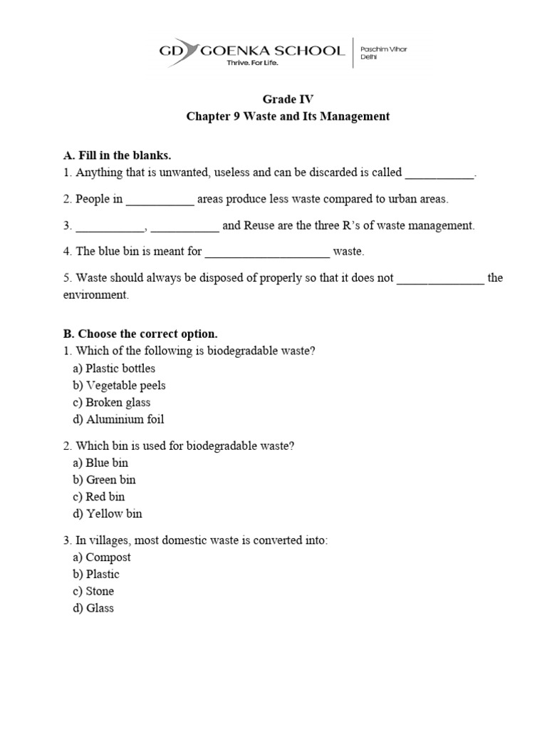 Waste Management Worksheets for Grade 4 | PDF | Waste | Recycling