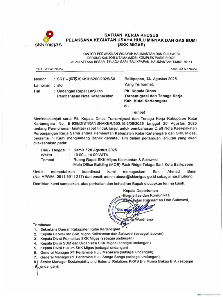 SRT - 0038 Undangan Rapat Lanjutan Pembahasan Nota Kesepakatan | PDF
