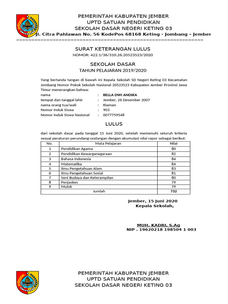 Surat Keterangan Lulus SD Keting 2020 | PDF