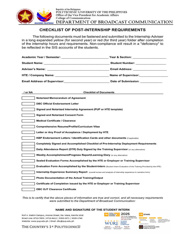Post-Internship Requirements Checklist | PDF