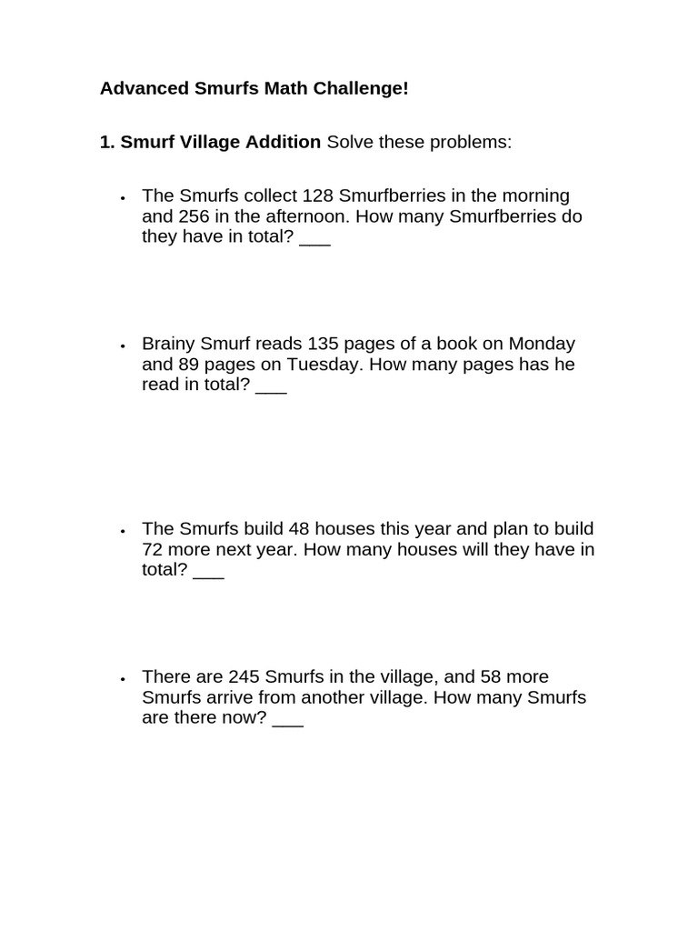 Smurfs Math Challenge: Addition & Subtraction | PDF