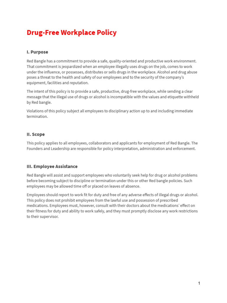 Drug-Free Workplace Policy Overview | PDF | Employment | Substance Abuse