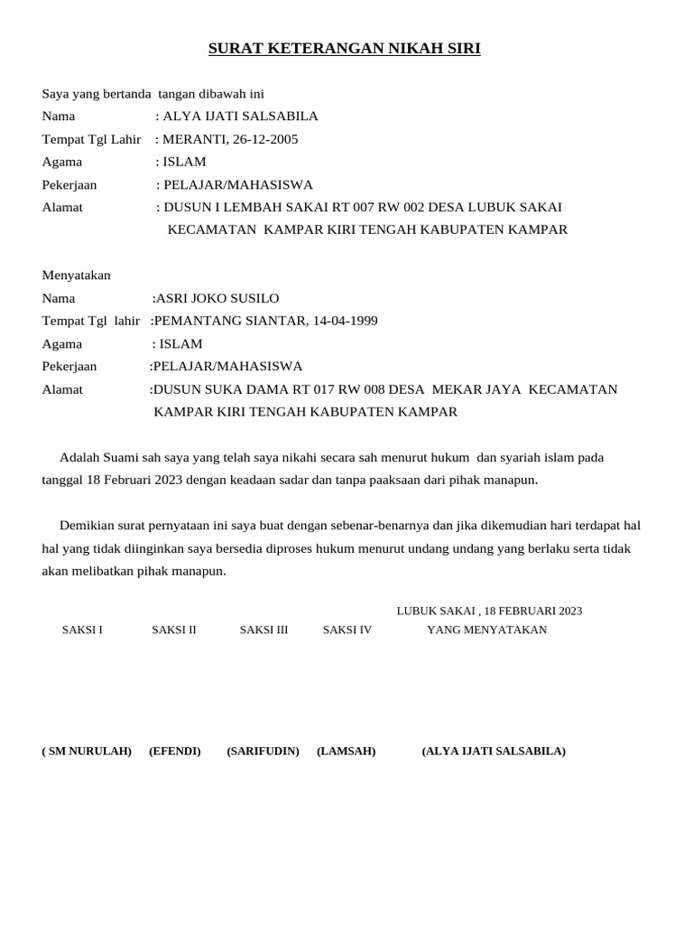 Surat Keterangan Nikah Siri | PDF