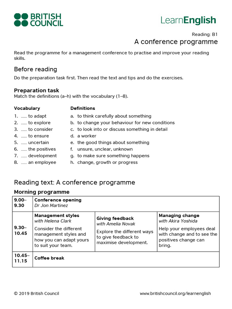 LearnEnglish Reading B1 A Conference Programme | PDF | Cognition