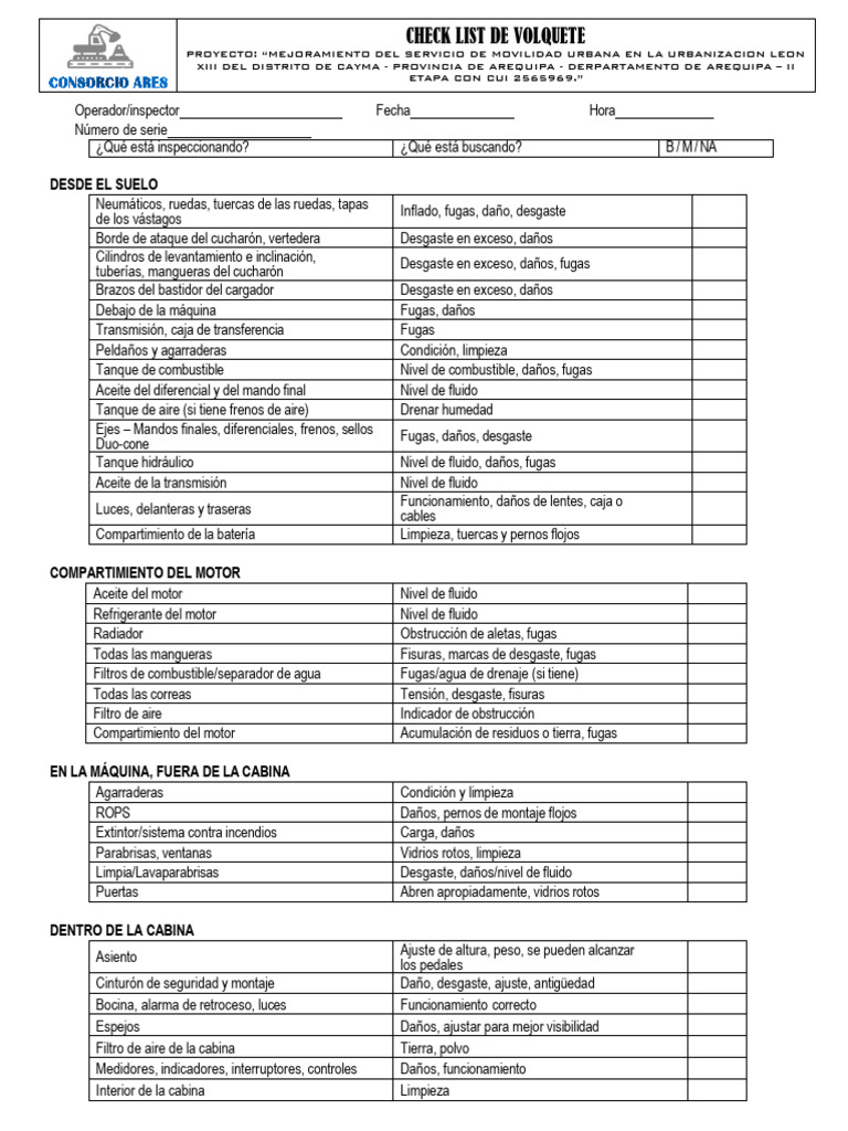 Checklist de Inspección de Volquete | PDF | Coche | Tecnología de vehículos