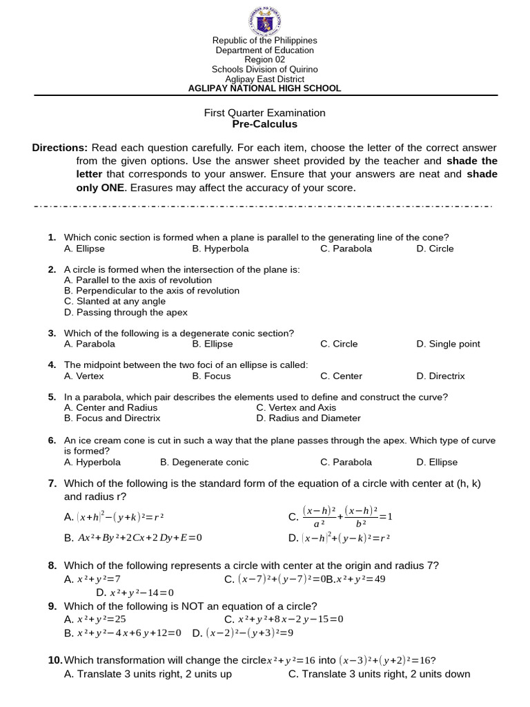 Pre-Calculus Exam: Conic Sections Questions | PDF | Ellipse | Geometric ...