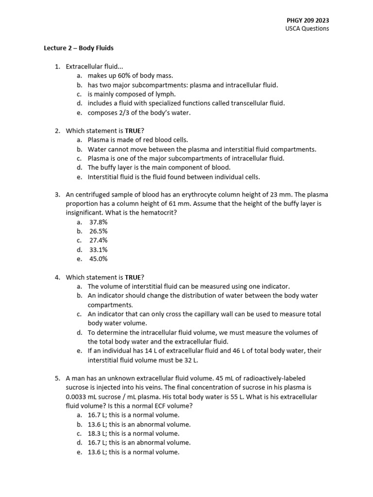 Body Fluids Lecture 2 - USCA Questions | PDF