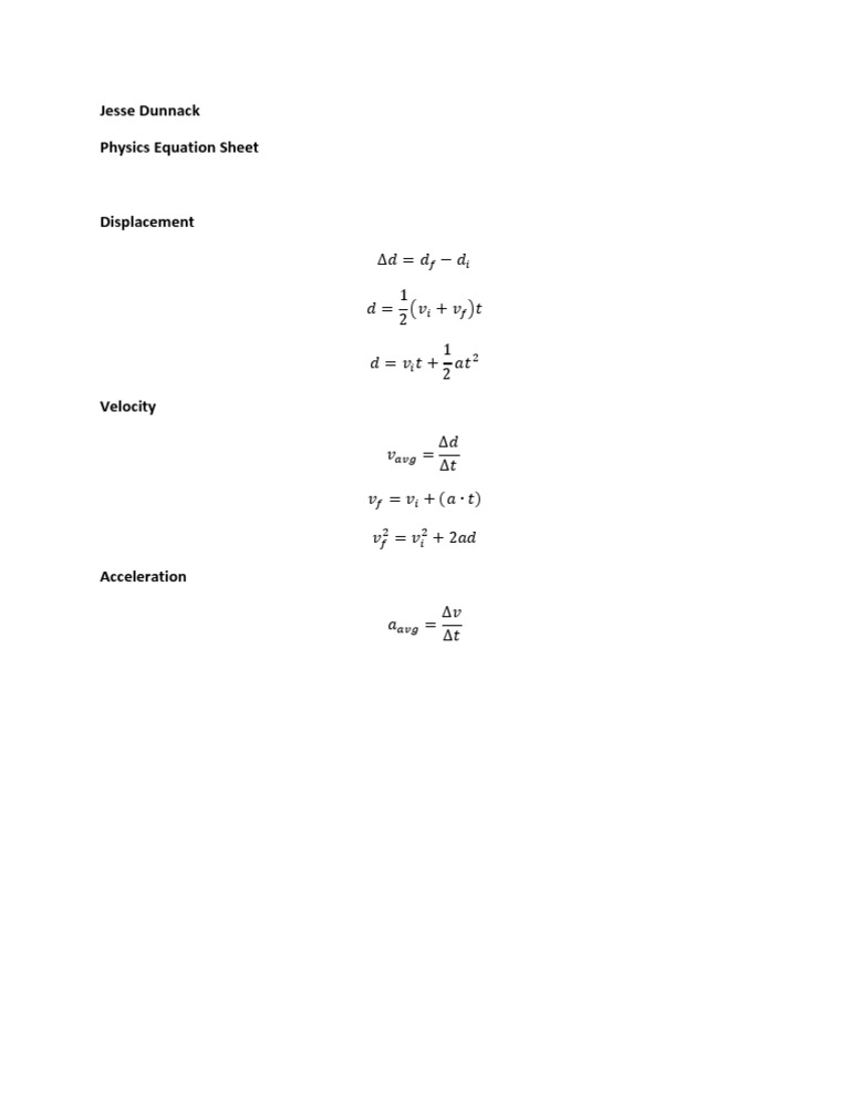 Equation Sheet | PDF | Natural Philosophy | Force