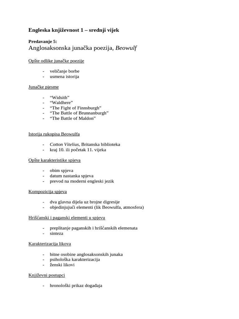 Handout 5 - Beowulf I Junačka Poezija | PDF