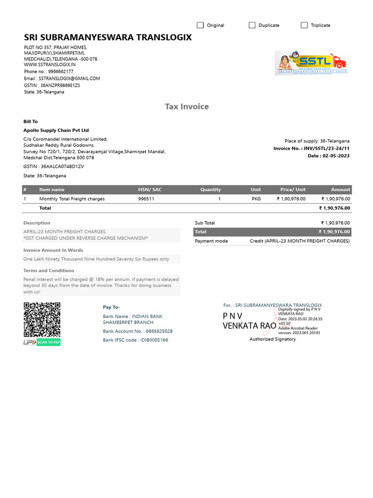 Tax Invoice - INV SSTL 23-24 11 - 02 - 05 - 23 | PDF | Economy Of Asia ...