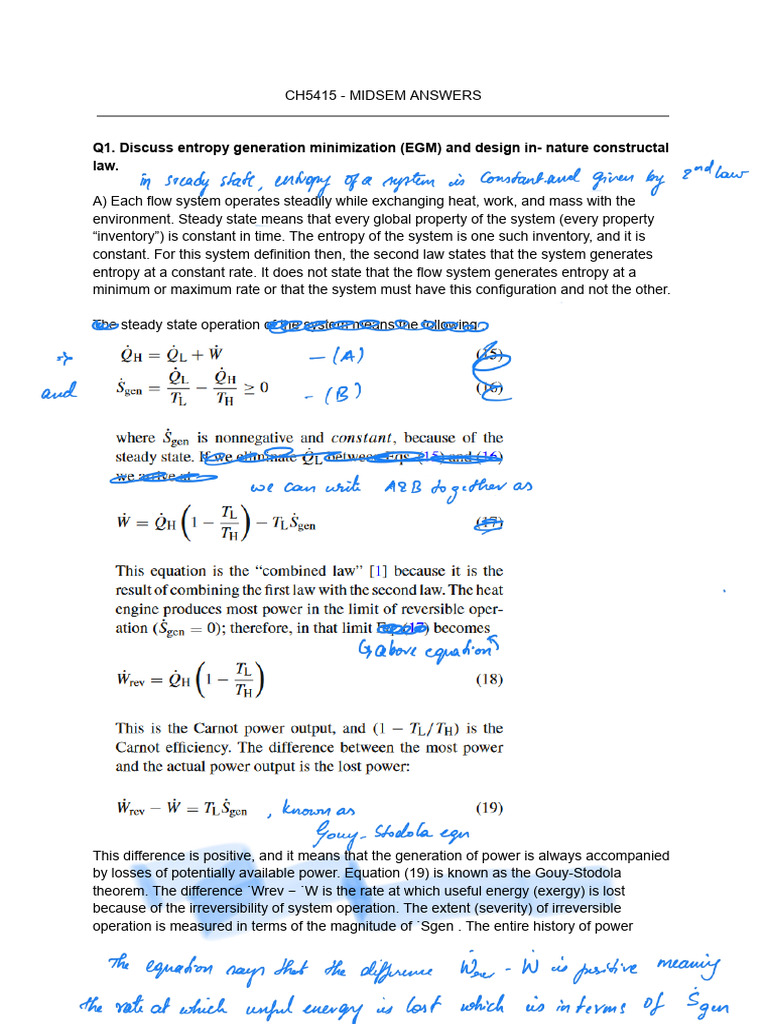 Ch5415 - Midsem Answers | PDF | Exergy | Entropy