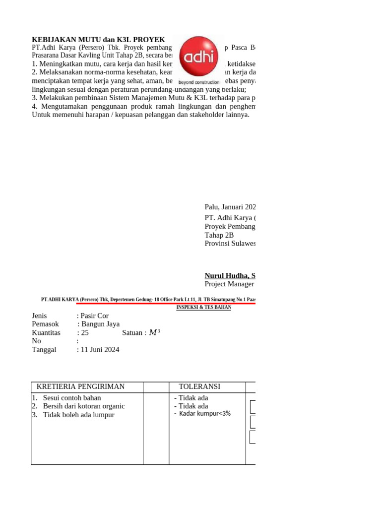 Kebijakan Mutu Dan k3l Proyek | PDF