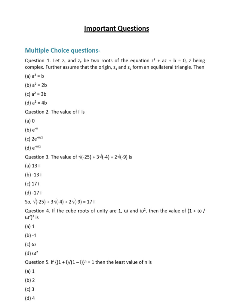 Complex Number Questions and Solutions | PDF | Algebra | Mathematics