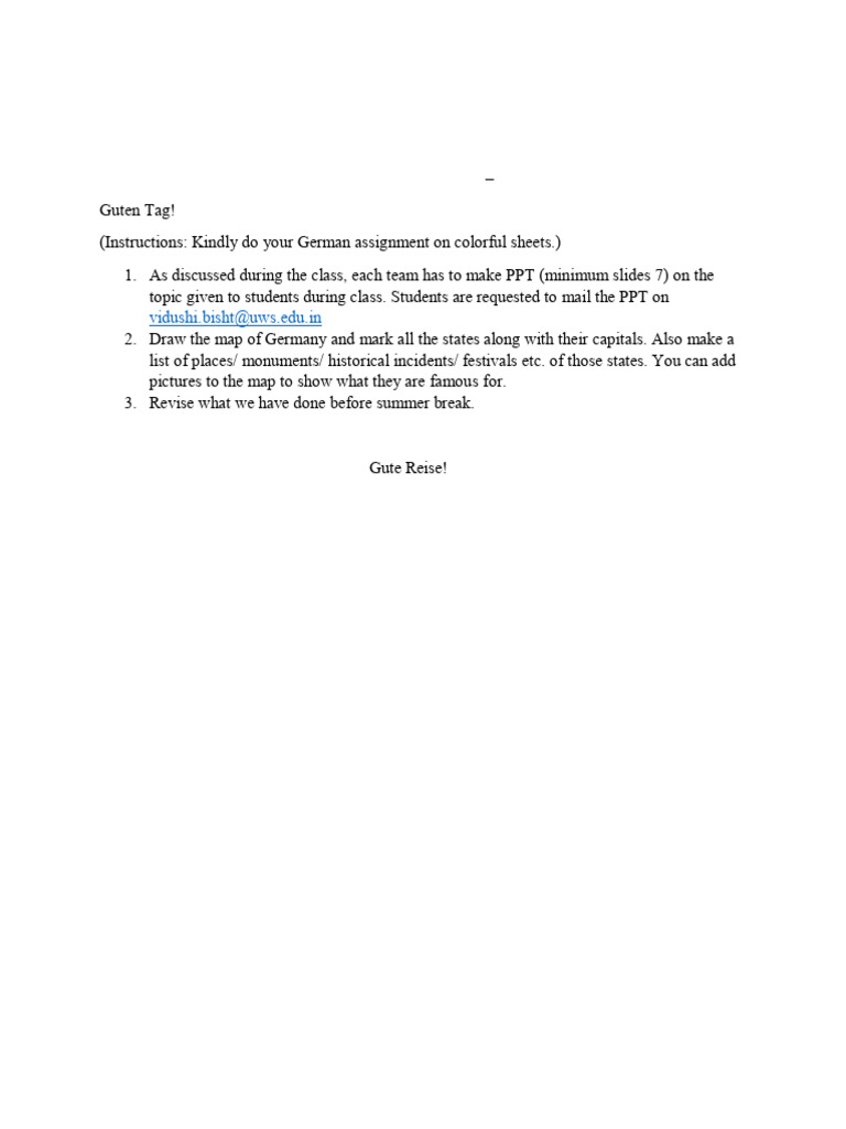 Grade VIII German Summer Assignment | PDF