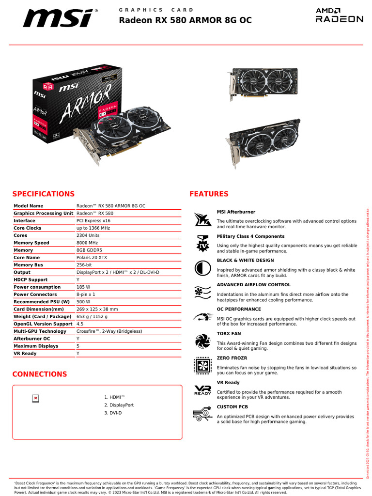 Radeon RX 580 Armor 8G OC Specs | PDF | Graphics Processing Unit | Hdmi