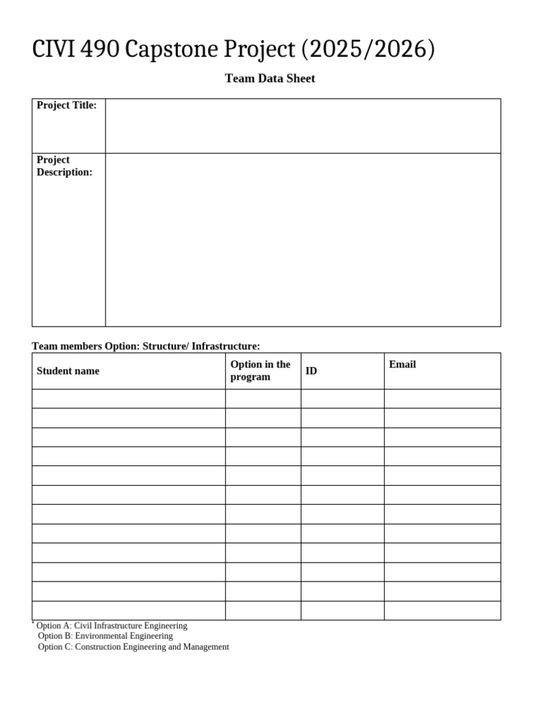 CIVI 490-L Capstone Project Team Data Sheet | PDF