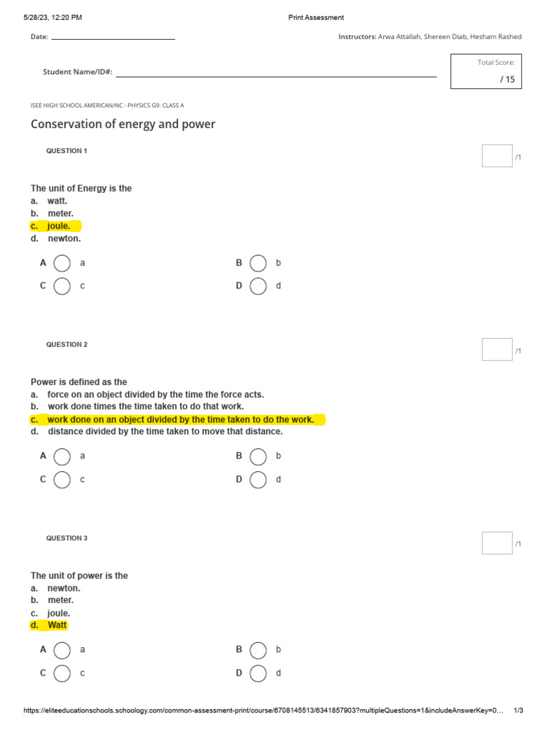 Physics Assessment: Energy & Power Concepts | PDF | Potential Energy ...