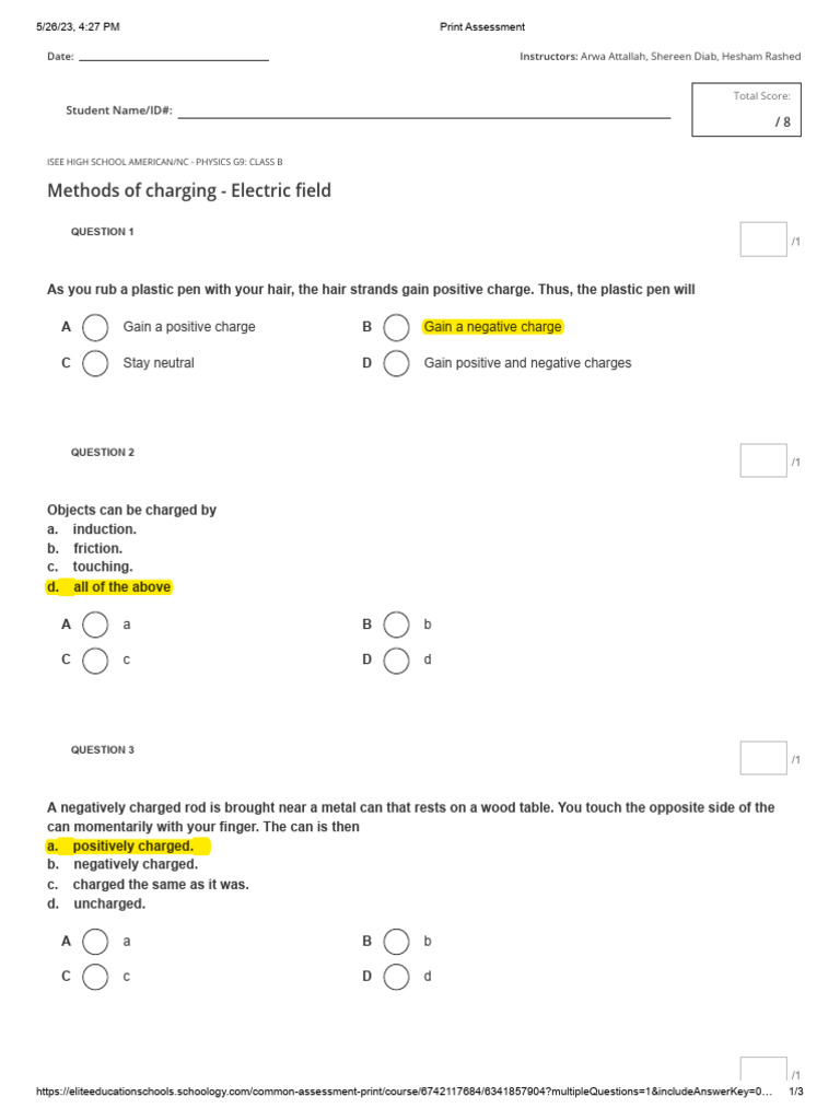 Physics Assessment: Electric Charge Methods | PDF | Electric Charge ...