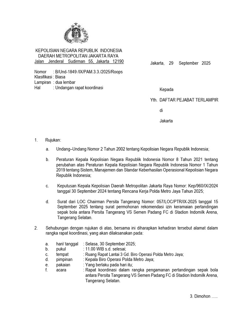 Undangan Rapat Koordinasi Persita Vs Semen Padang | PDF