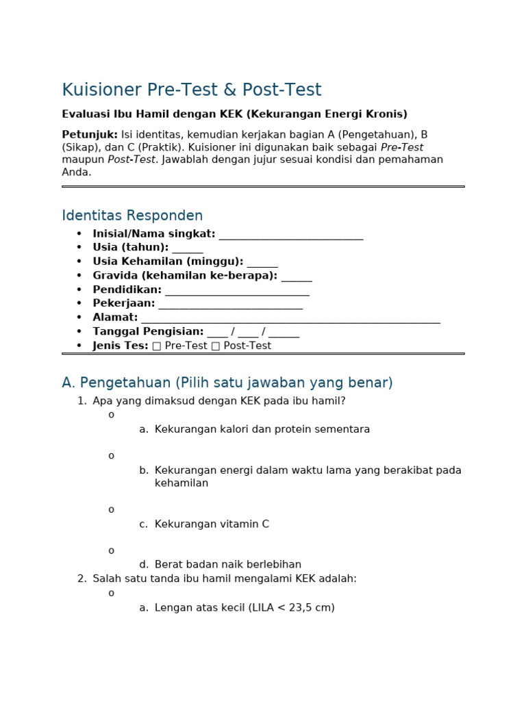 Kuisioner Pre-Post Kek - Printable | PDF