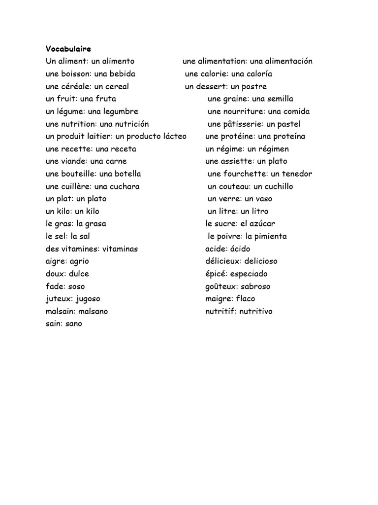 Vocabulaire de la Nourriture en PDF | PDF