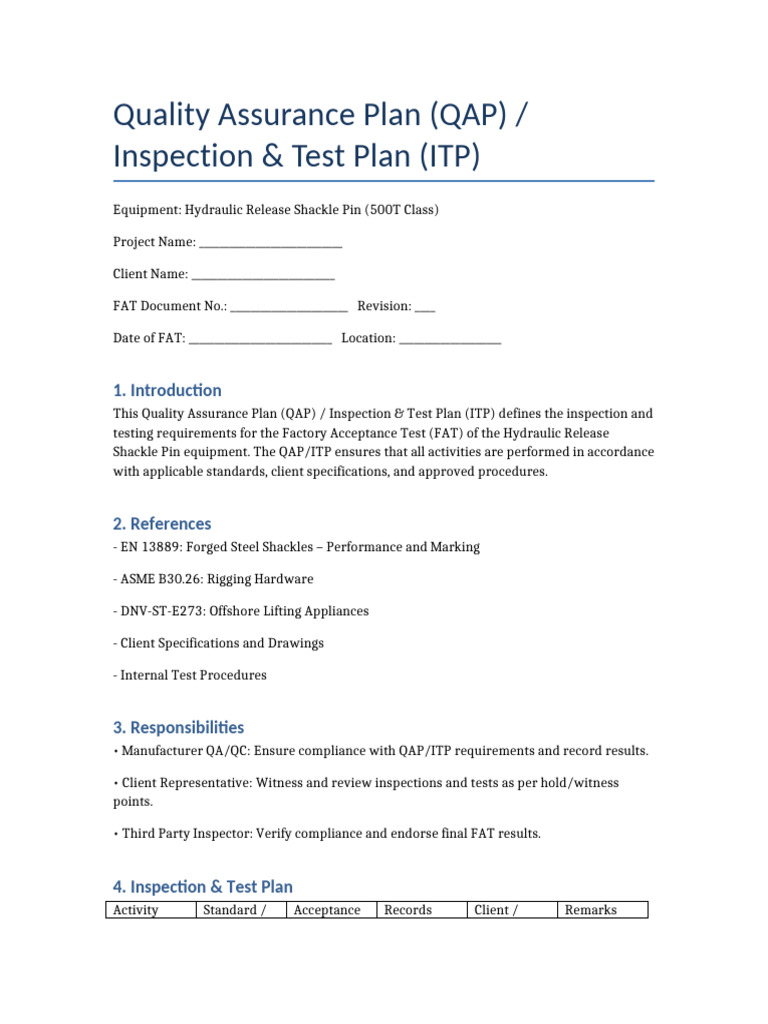 QAP ITP Hydraulic Shackle FAT | PDF | Quality Assurance ...