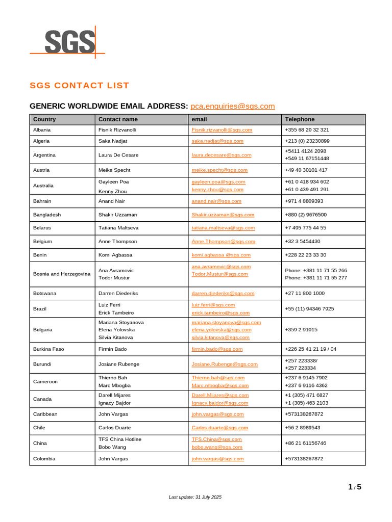 SGS GIS PCA Contacts Worldwide | PDF