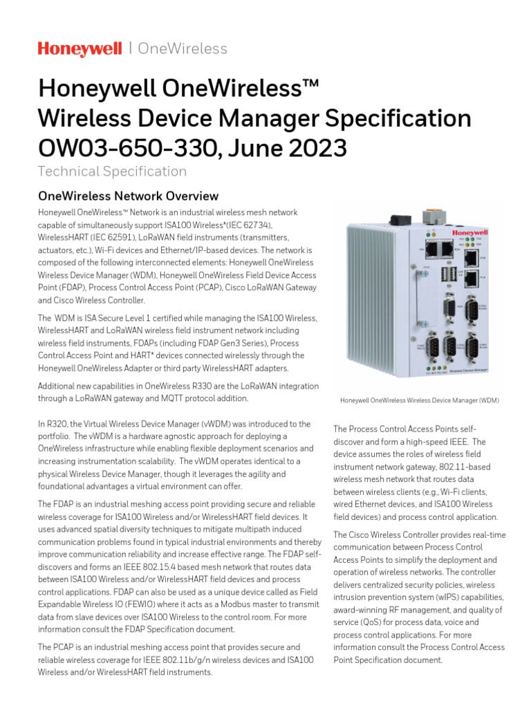 Honeywell OneWireless WDM Overview | PDF | Computer Network ...