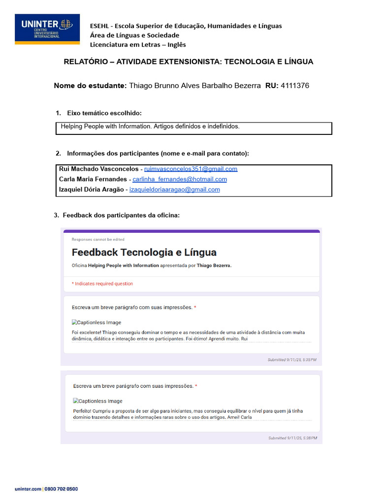 Relatório Thiago Bezerra TecLingua | PDF | YouTube | Lição
