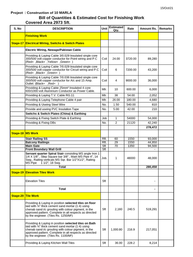 BOQ, S For 05 Marla House New Rates | PDF | Concrete | Electrical Wiring