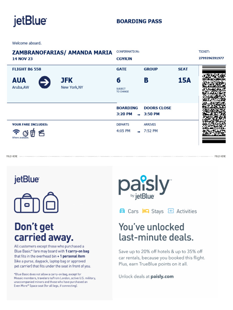 Flight B6 558 Boarding Pass Details | PDF