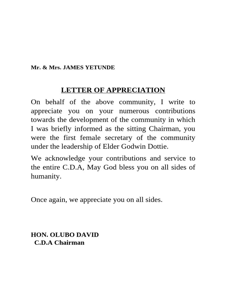 Appreciation Letter for Community Service | PDF
