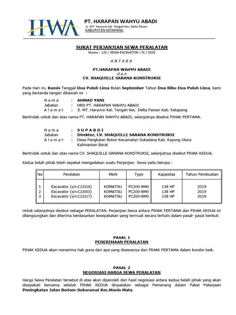 Perjanjian Sewa Excavator Komatsu 2025 | PDF