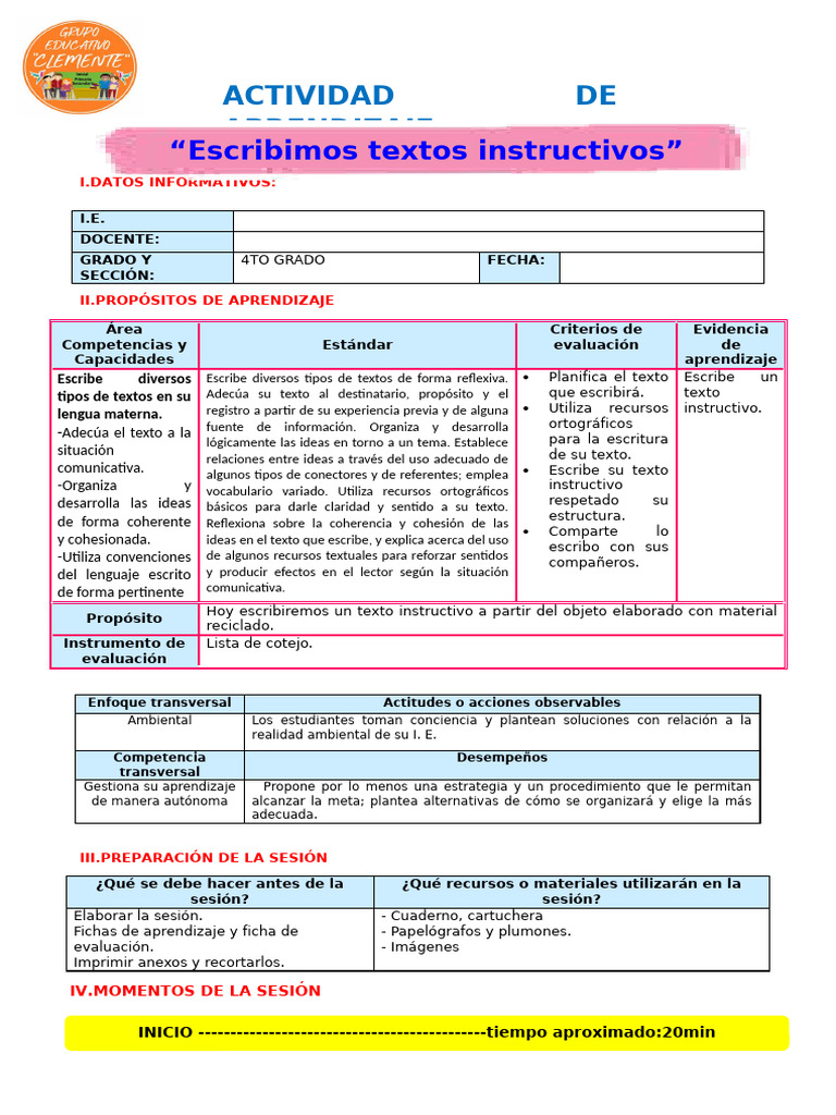 Escritura de Textos Instructivos en 4to Grado | PDF | Aprendizaje ...