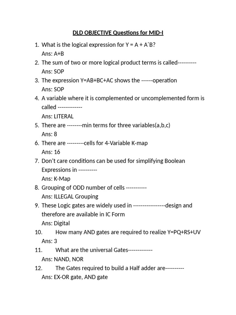 DLD Objective Questions For Mid | PDF | Logic Gate | Mathematical Logic