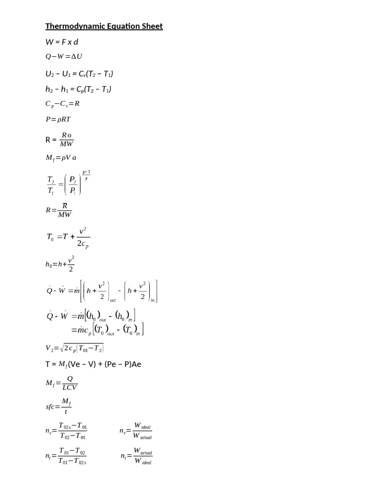 Thermodynamic Equation Sheet | PDF