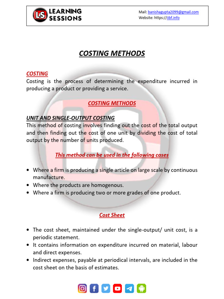 Costing Methods Explained: Unit, Job, Contract | PDF | Expense | Cost