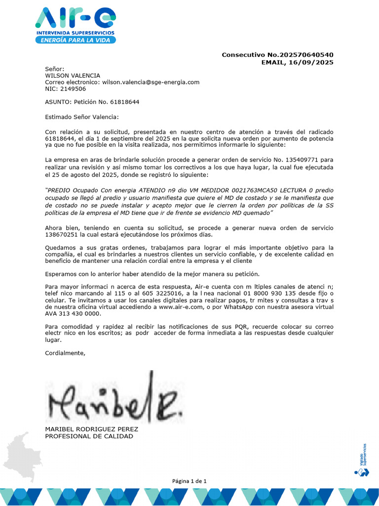 Consecutivo No.202570640540 EMAIL, 16/09/2025: Maribel Rodriguez Perez ...